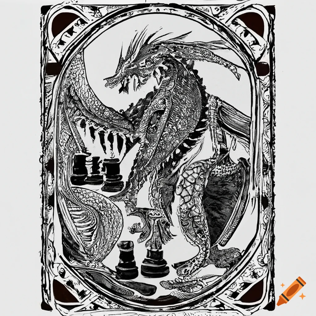 Black and white tarot card with dragons and chess pieces