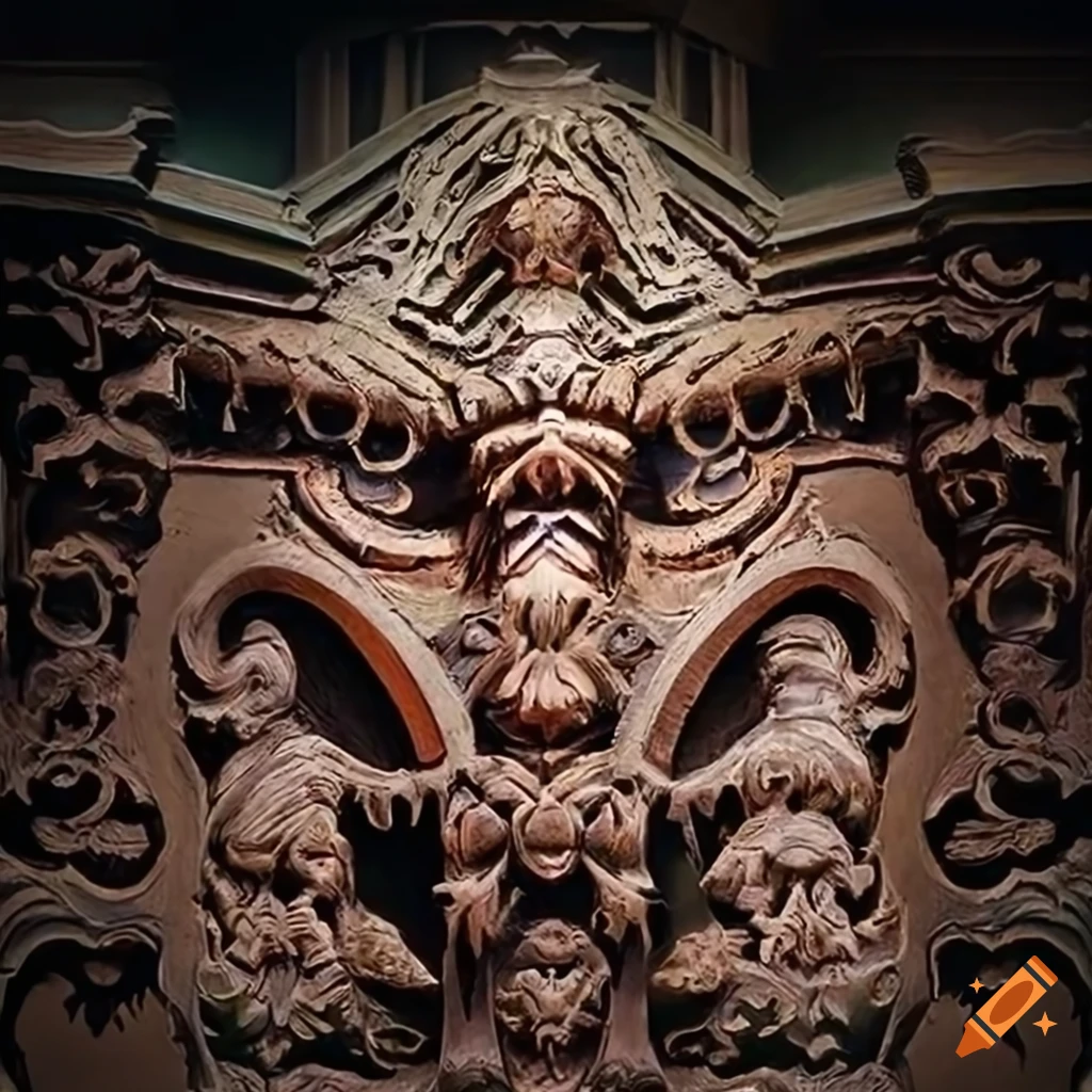 Detailed carving of a moth werewolf motif on Craiyon