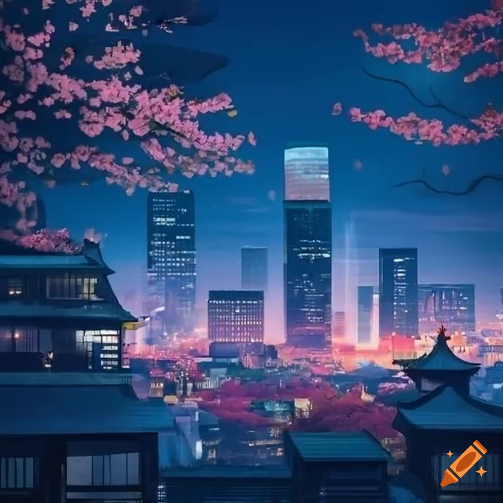 Vibrant city lights and sakura tree at night on Craiyon