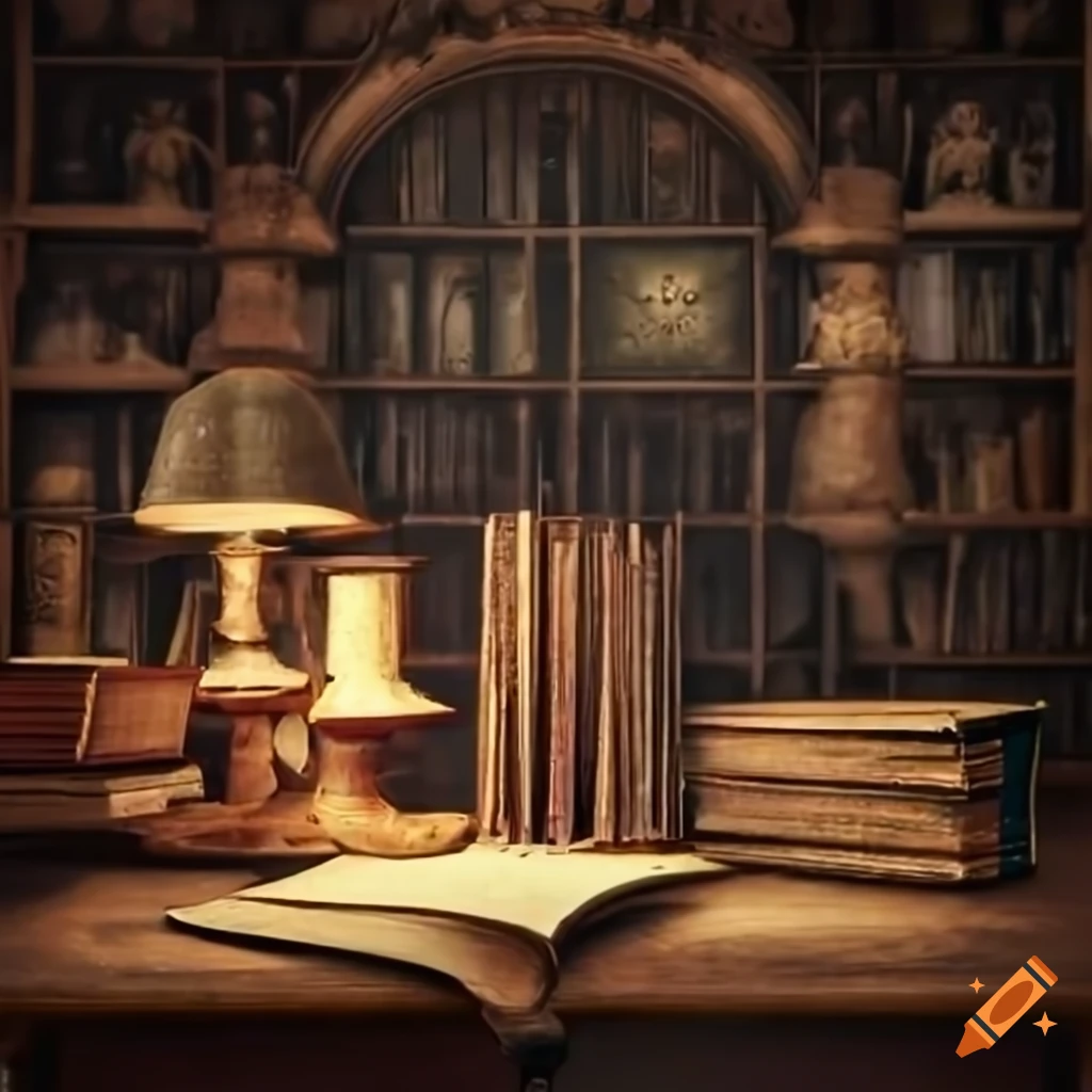 Photo of a magical study with an old desk and shelves of books on Craiyon