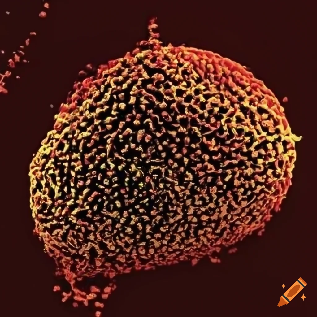 Red and gold SEM image of a solid state battery interface on Craiyon