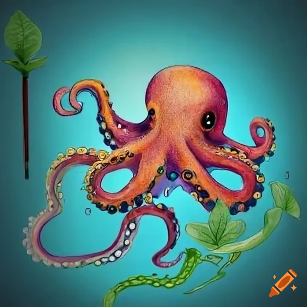 Funny octopus with a plant studying math
