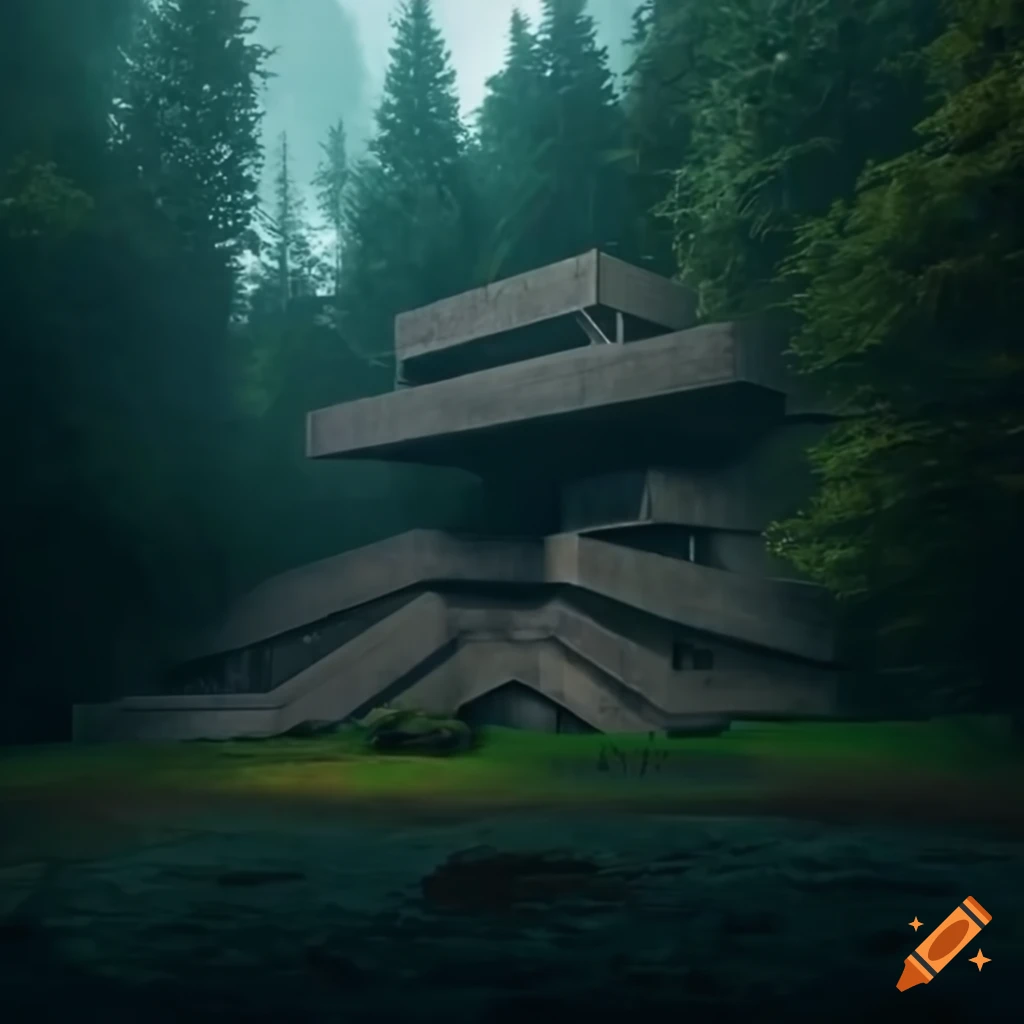 Dystopian sci-fi brutalist building in a pine forest on Craiyon