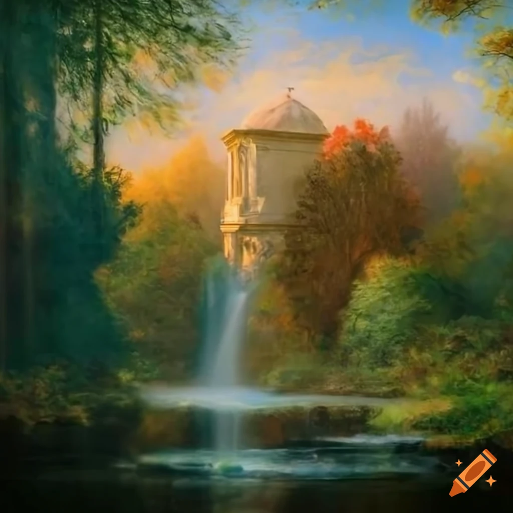 Monet-inspired painting of a baroque balcony overlooking a landscape on ...