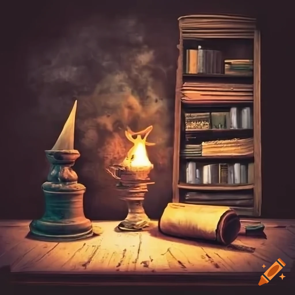 Photo of a wizard's desk with an old scroll and magical artifacts on ...