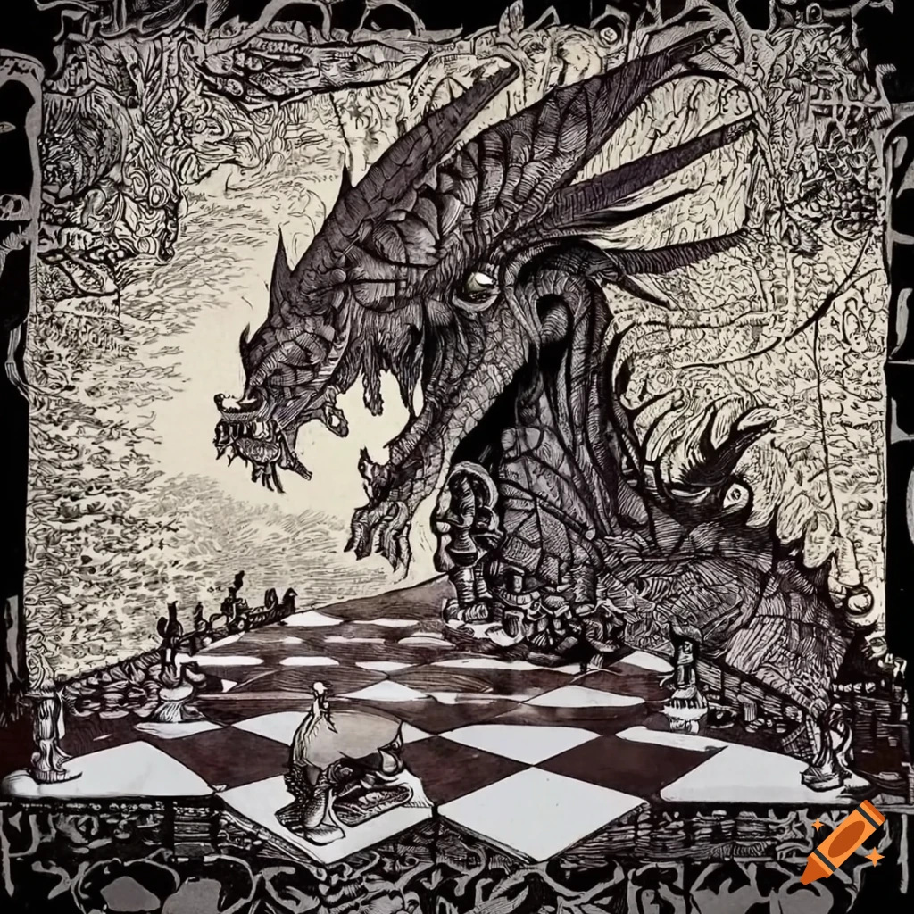 Woodcut artwork of dragon and rook battling on chessboard on Craiyon