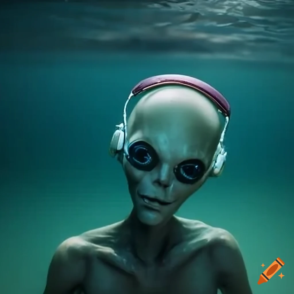 Artistic depiction of an alien dj swimming in a lake