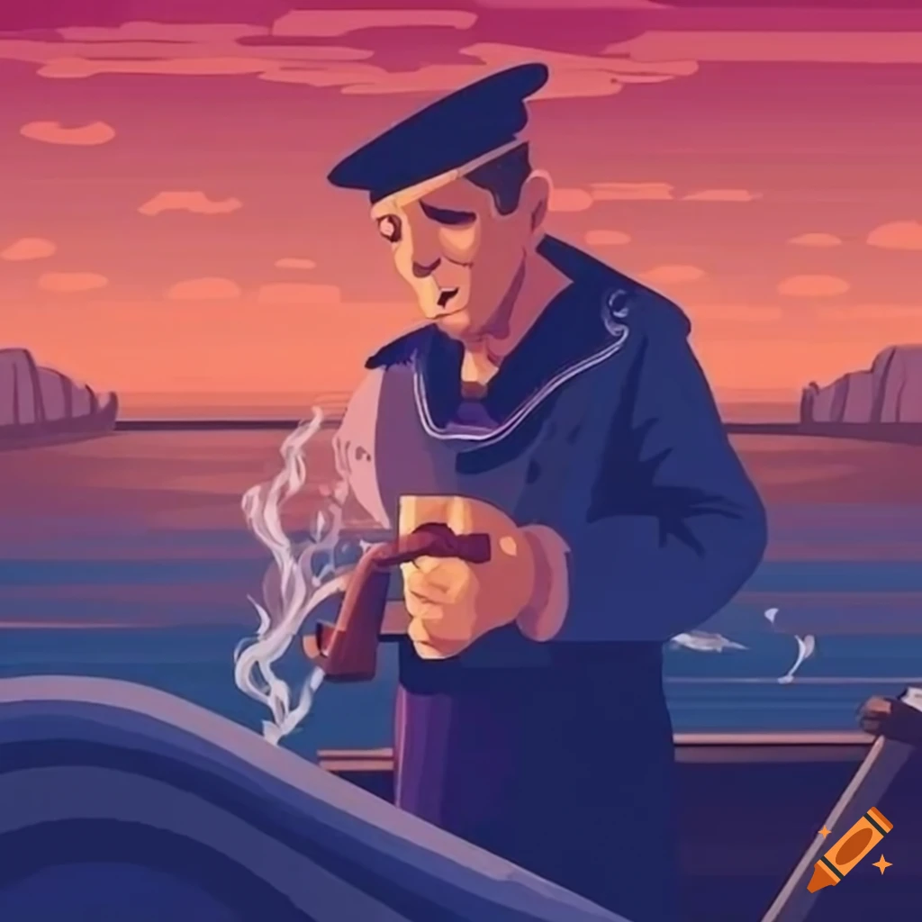 Sailor on the deck of a sailing ship smoking a pipe on Craiyon