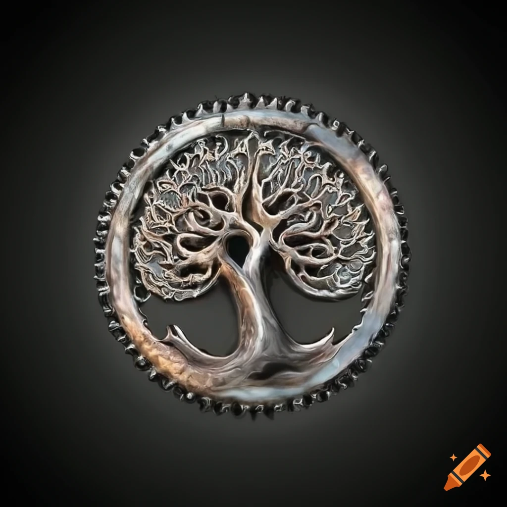 Silver circular tree emblem