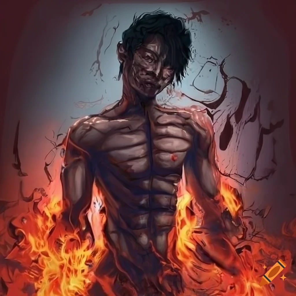 Dark abstract art of a flaming fighter