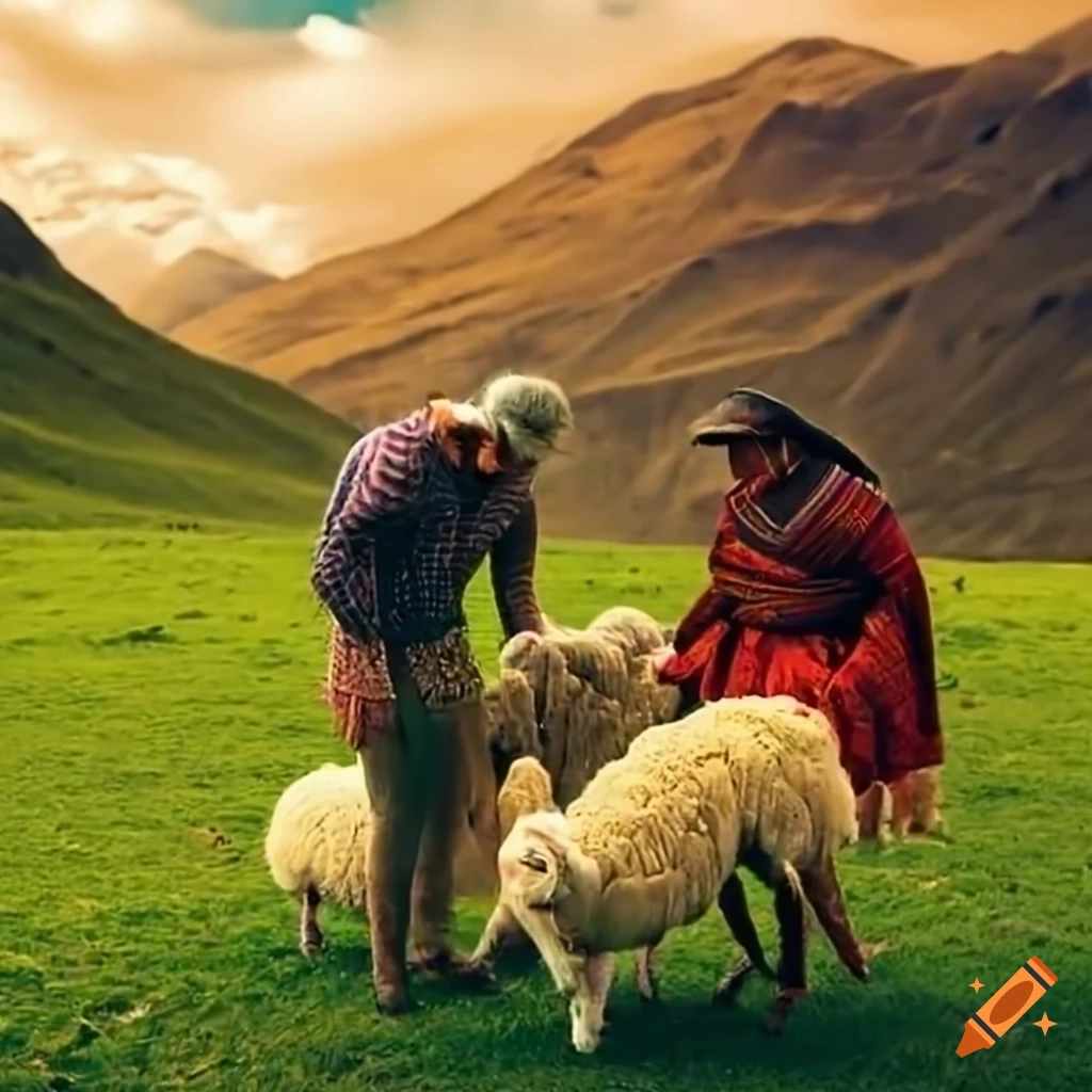 Peruvian couple tending sheep in a beautiful field with mountains on ...