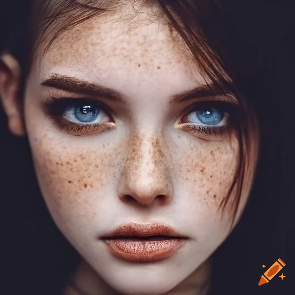 Portrait of a beautiful girl with dark hair and light freckles on Craiyon