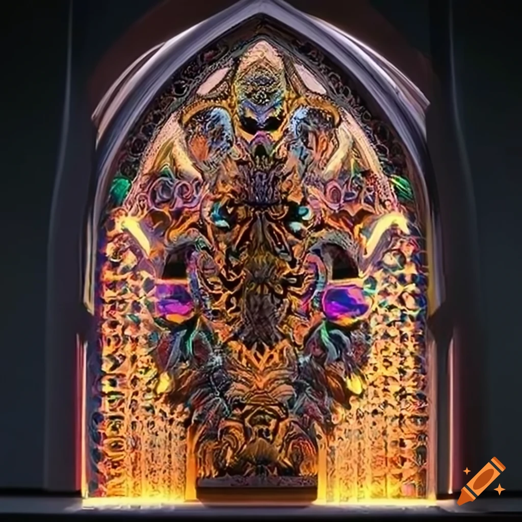 Neon altar in a religious setting on Craiyon