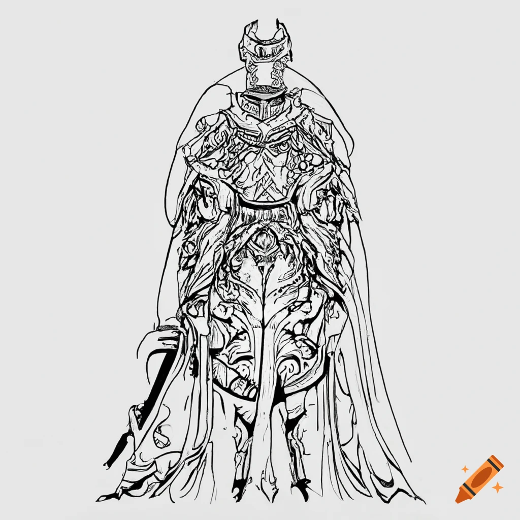 Intricate line drawing of a Dark Souls knight on Craiyon
