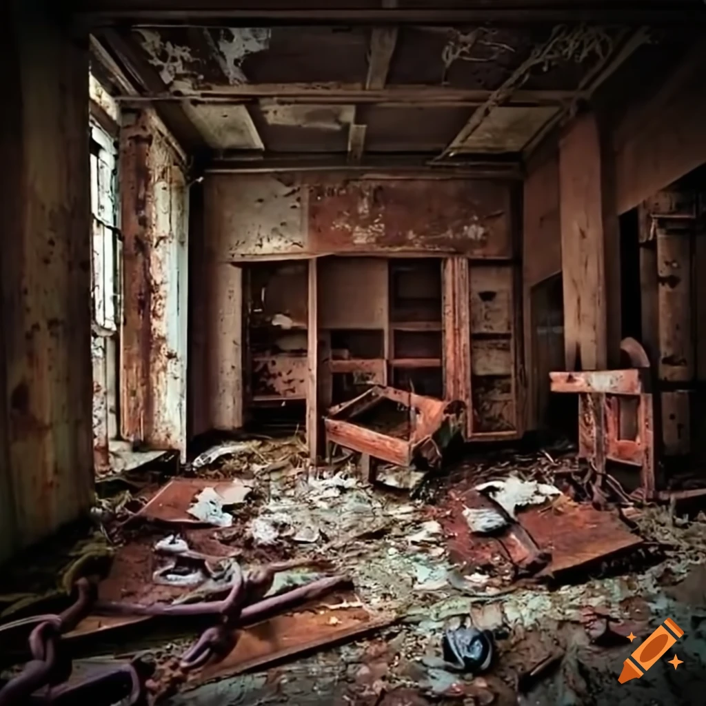 Wide view of a derelict building with rusted machinery and hanging ...