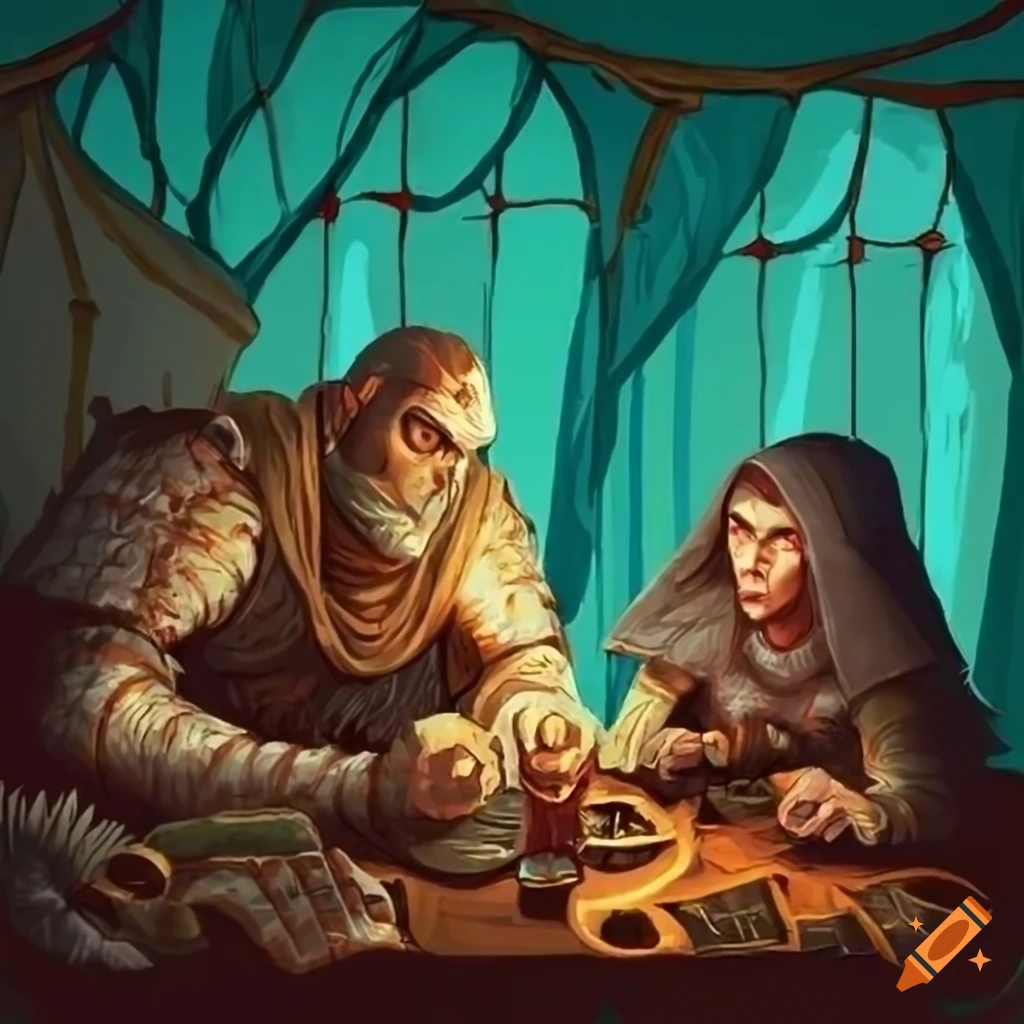 Illustration of a Council of War in a fantasy tent on Craiyon