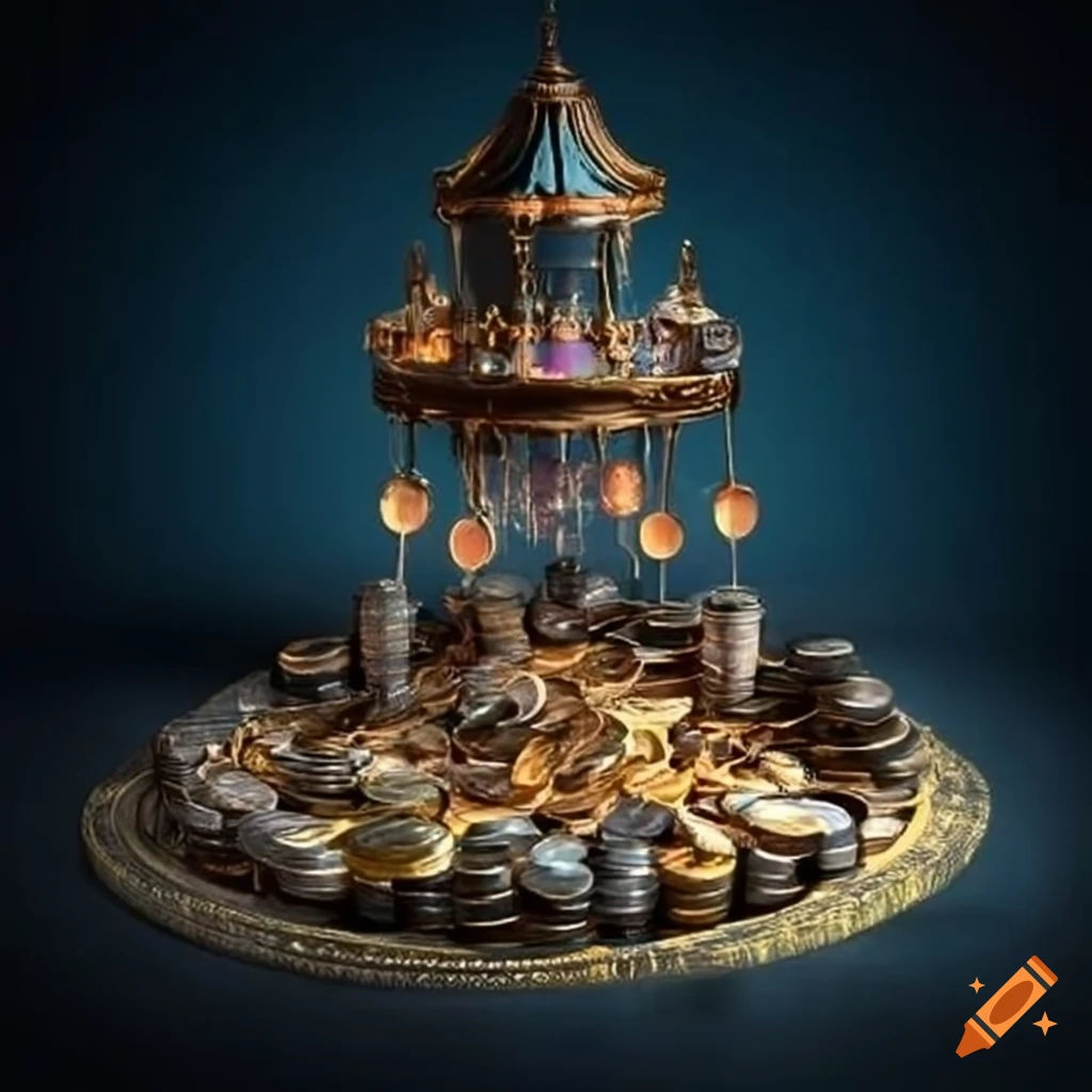 Bed made of coins in a lavish and magical setting on Craiyon