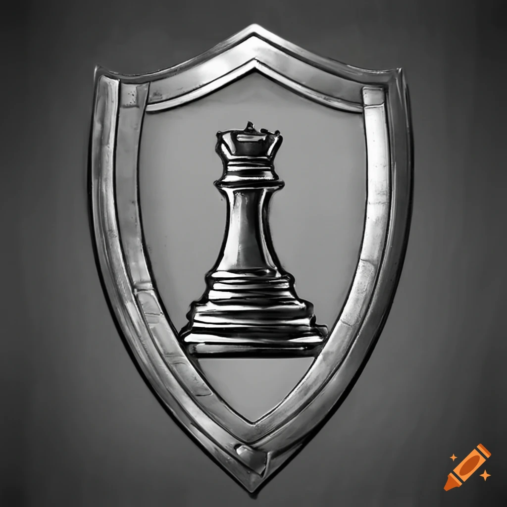 Metallic shield with chess piece emblems