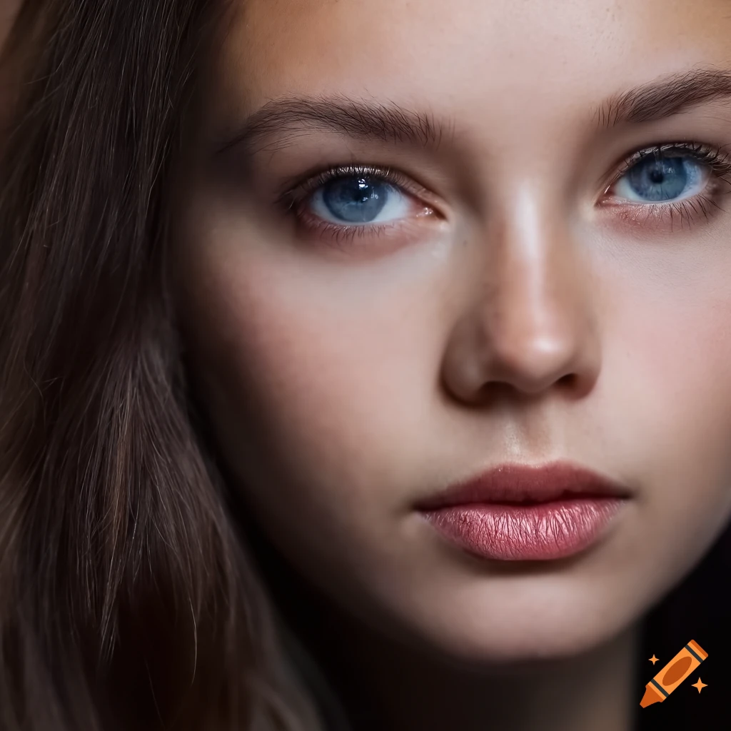 Big-eyed, fair-haired young woman, neat narrow face, thin nose, thin ...
