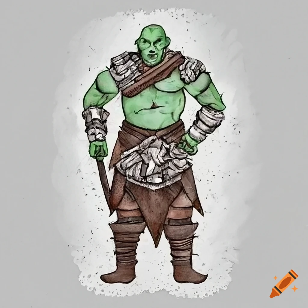 Colored pencil sketch of a friendly male half-orc barbarian on Craiyon