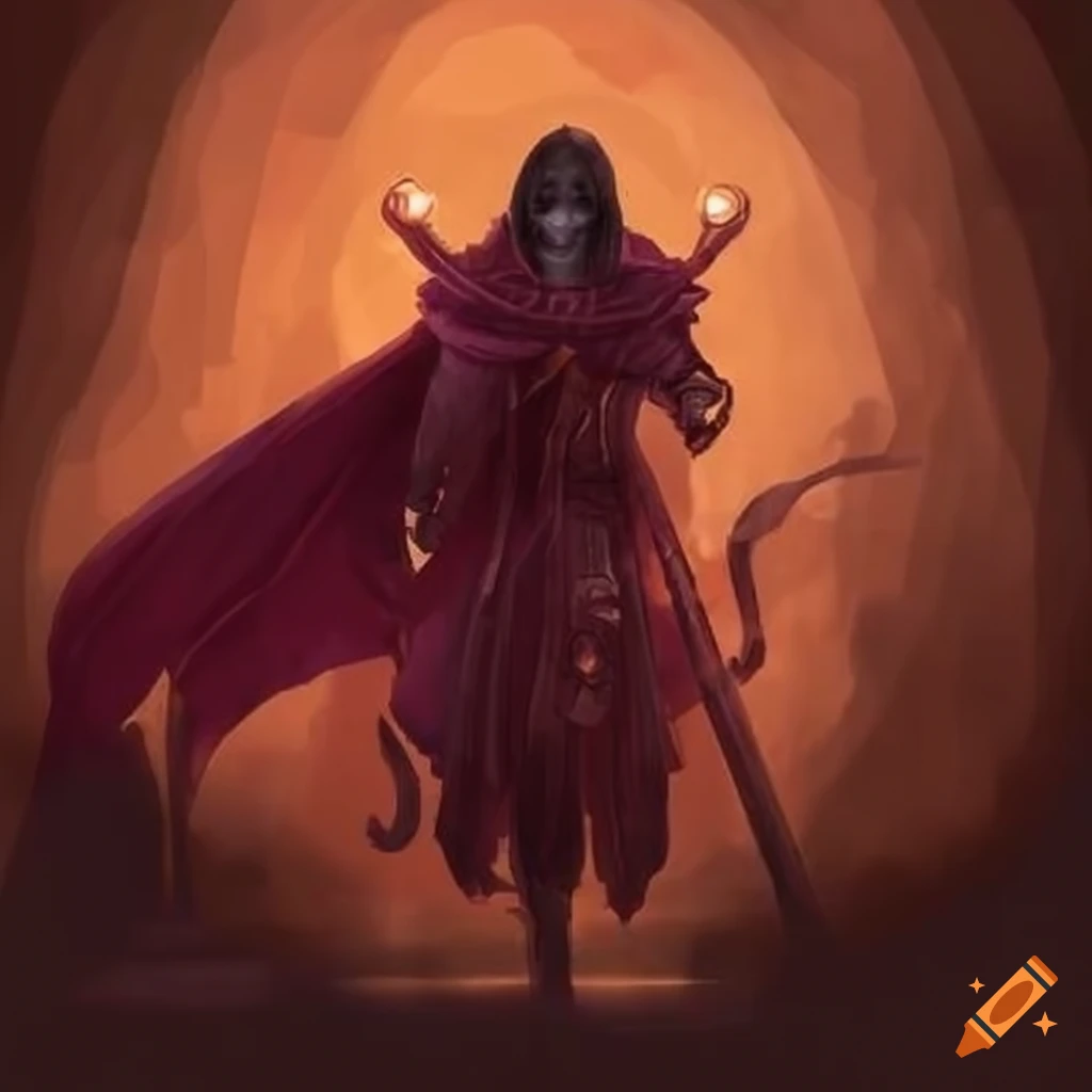 Image of a mysterious warlock in maroon and orange shades on Craiyon