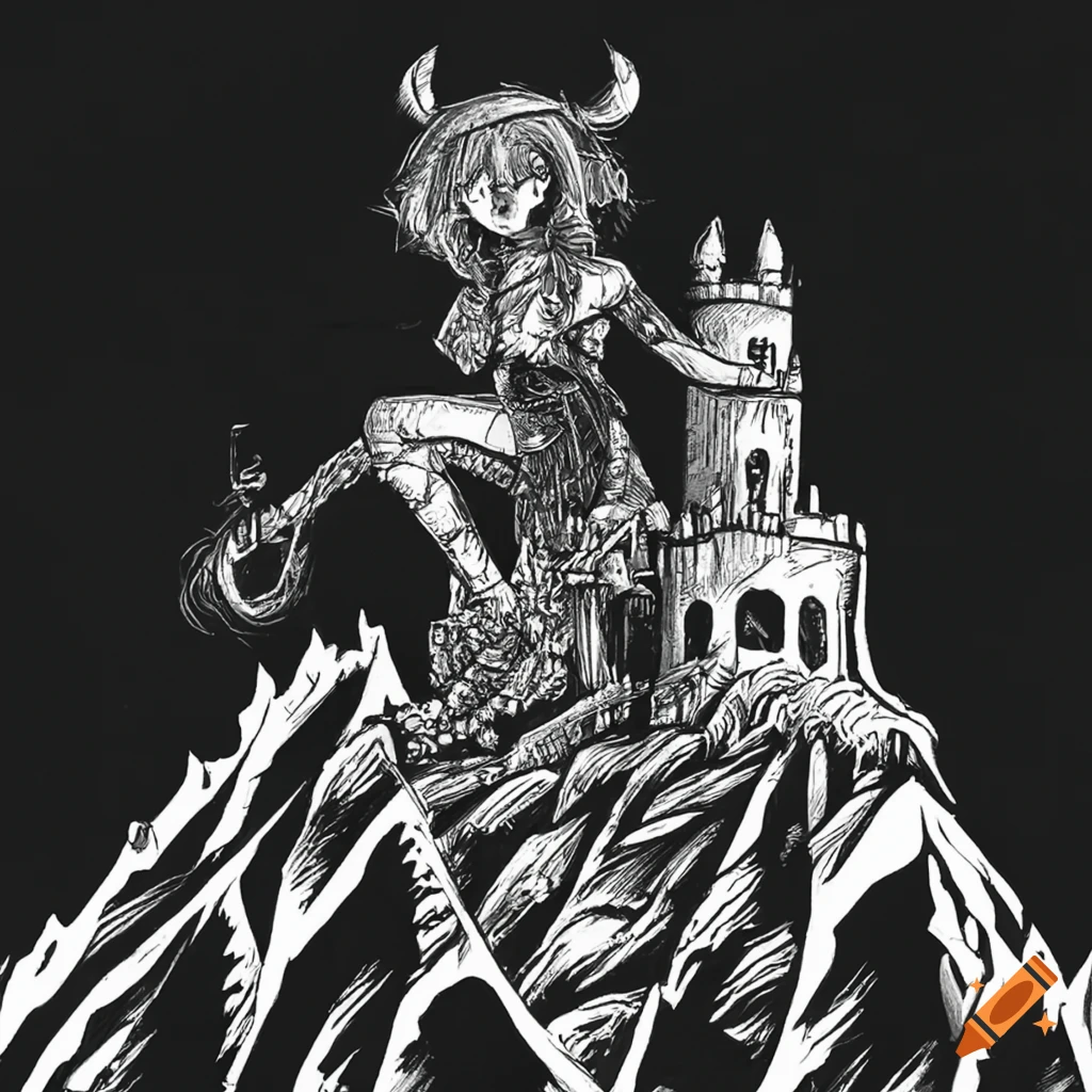 Illustration of a powerful demon girl guarding a castle