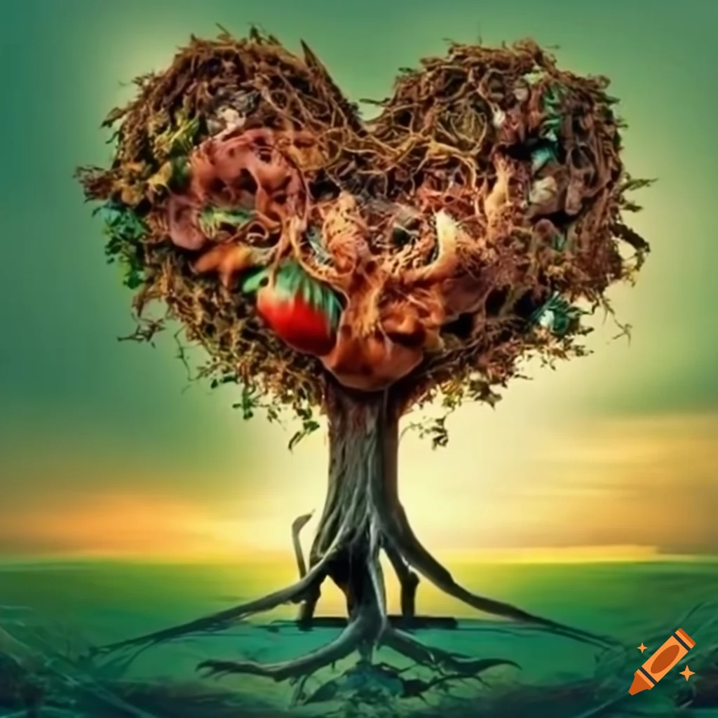 Ilustración de un árbol con animales y un corazón on Craiyon