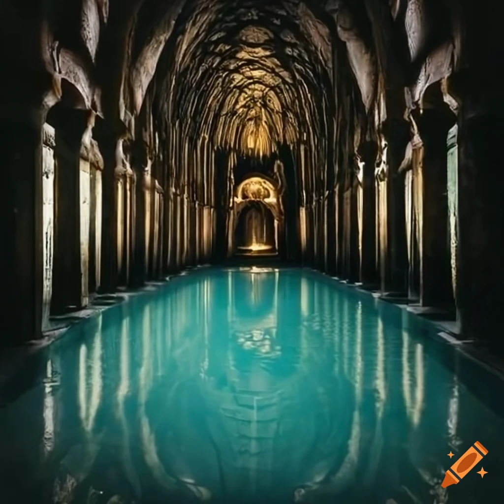 Swimming pool in a dark carved underground hall