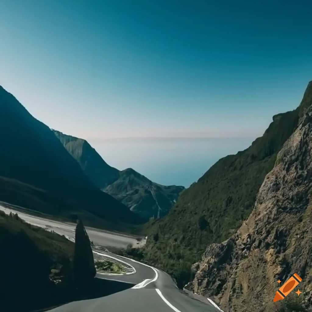Scenic view of mountains and sea with sport cars on a road