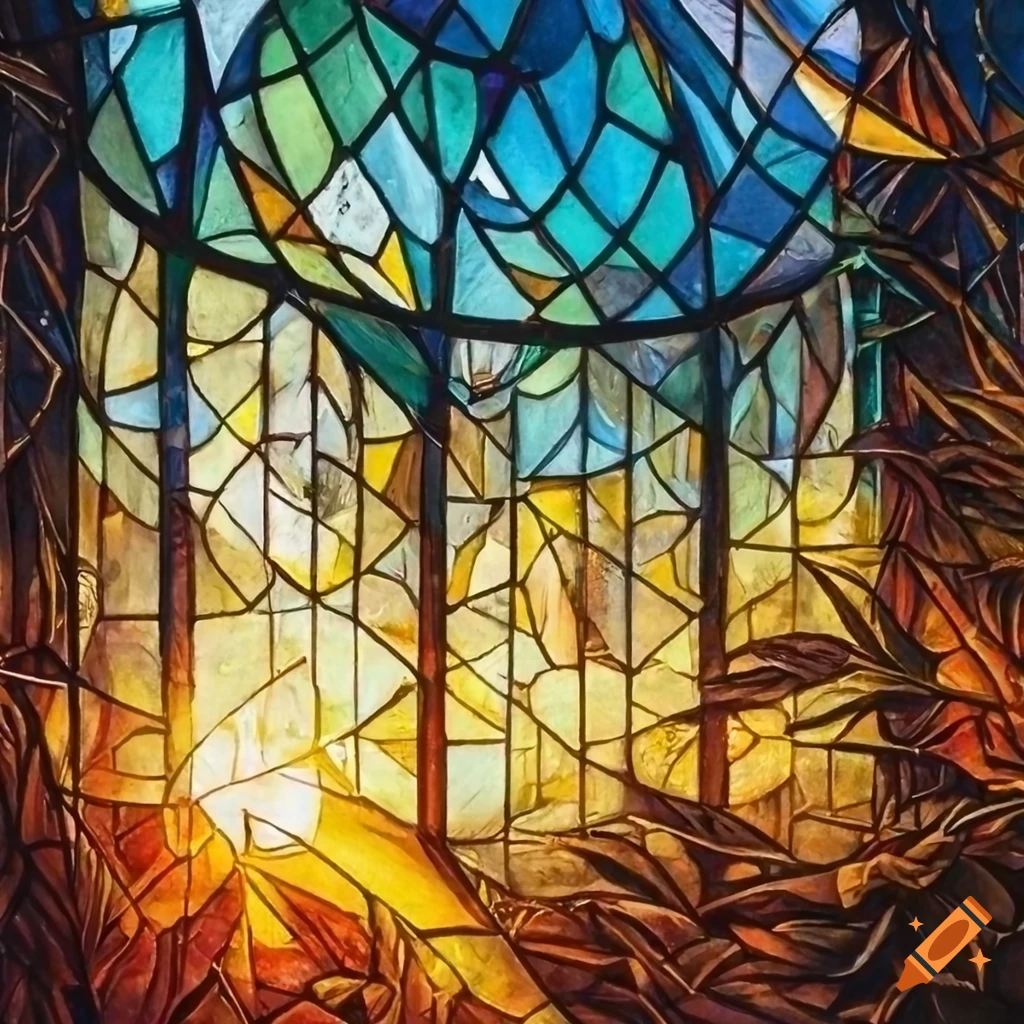 Golden hour stained glass art by Greg Rutkowski on Craiyon