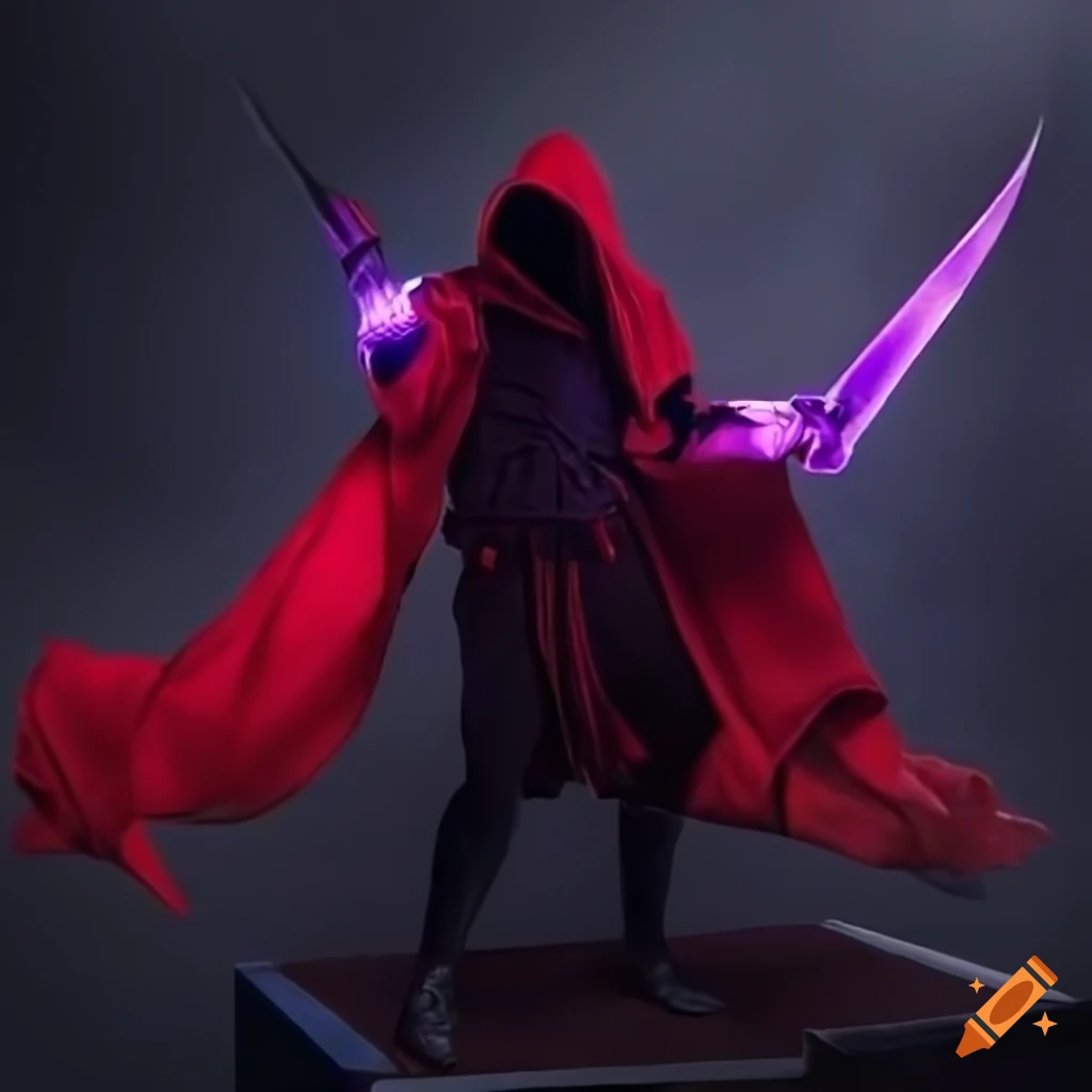 Photorealistic depiction of a rogue with glowing purple blades on Craiyon