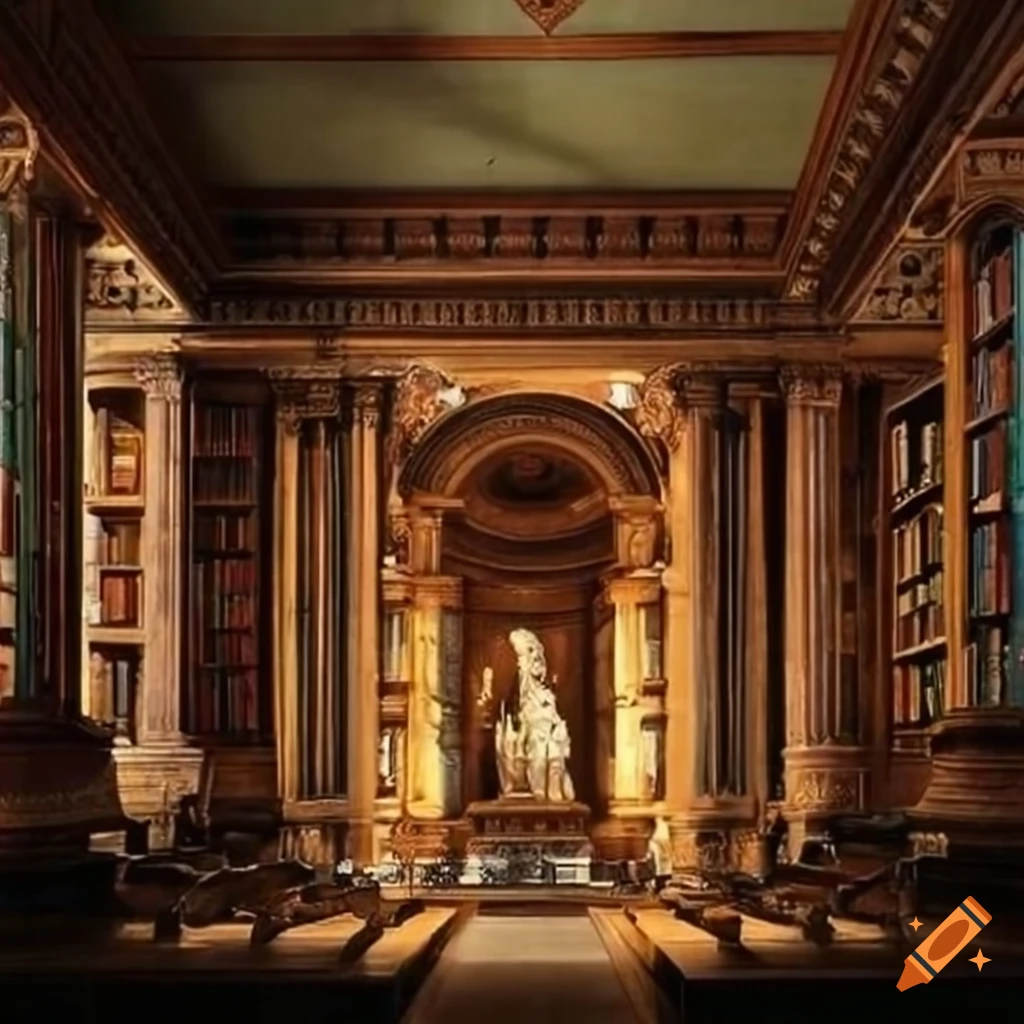 Ancient library with Colombian statues on Craiyon