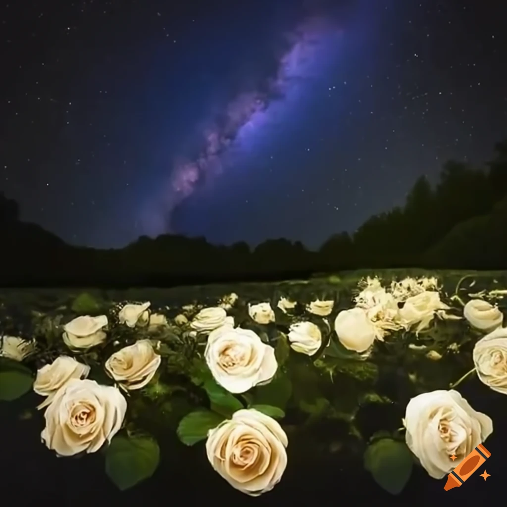 Glowing white roses under the night sky on Craiyon