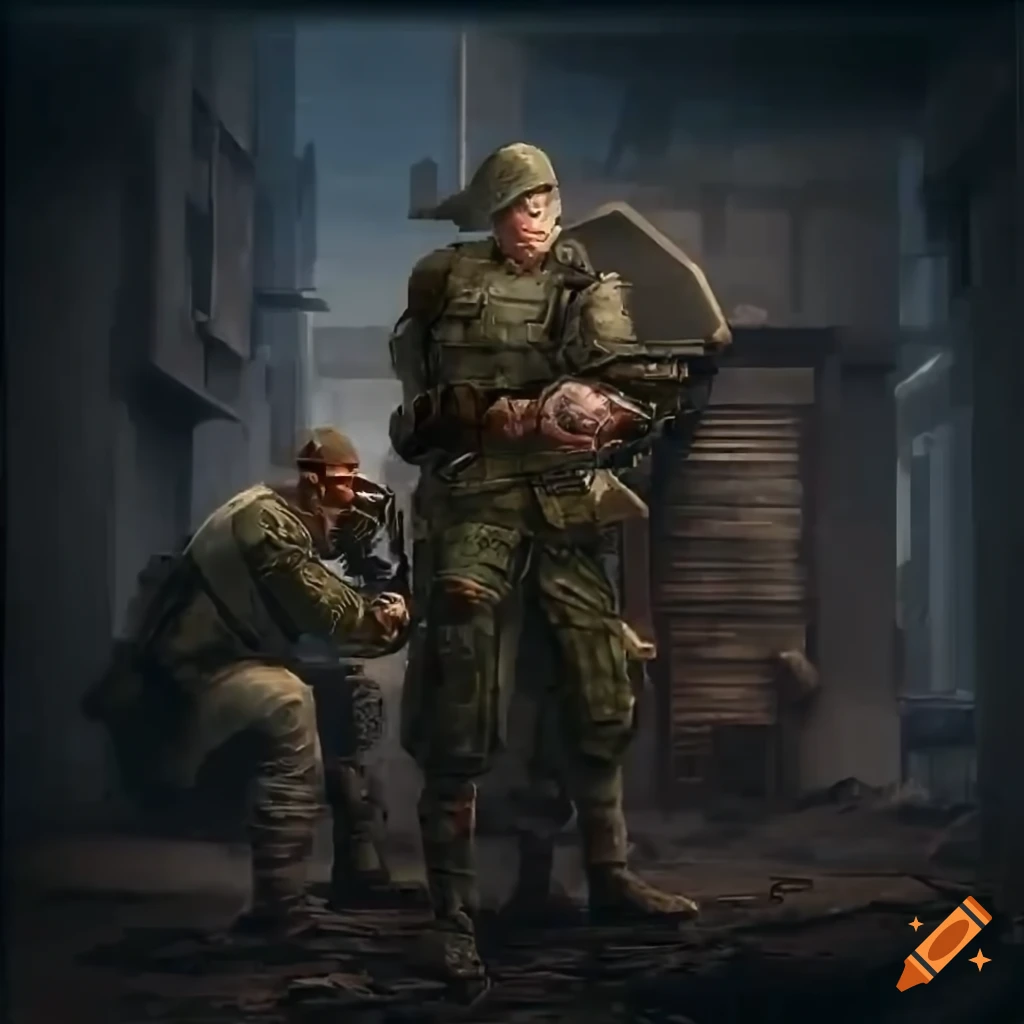 Photo of two soldiers pointing rifles at each other in a war-torn street