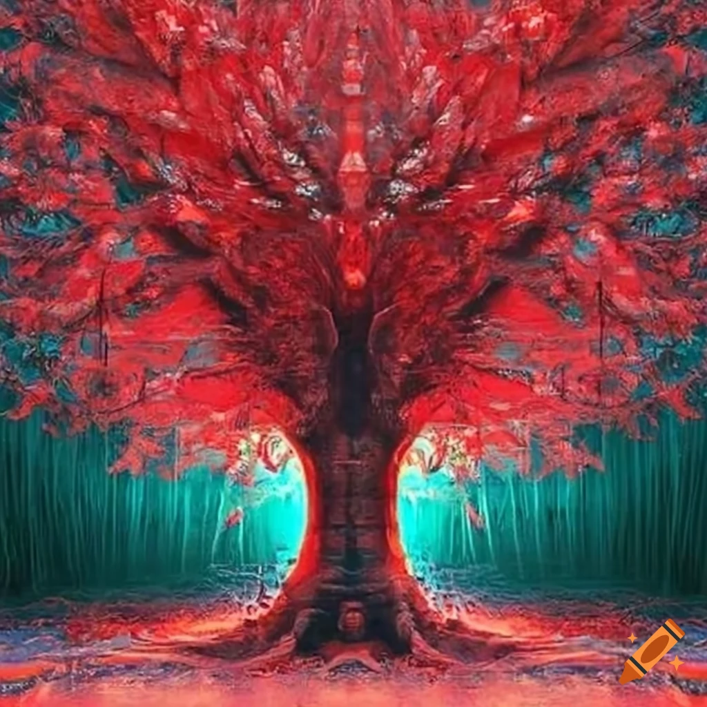 Peinture d'un arbre rouge avec guirlande lumineuse on Craiyon