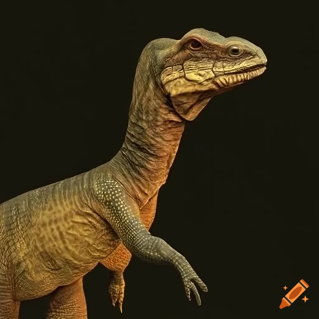 Detailed depiction of a Iguanodon dinosaur in warm morning light on Craiyon