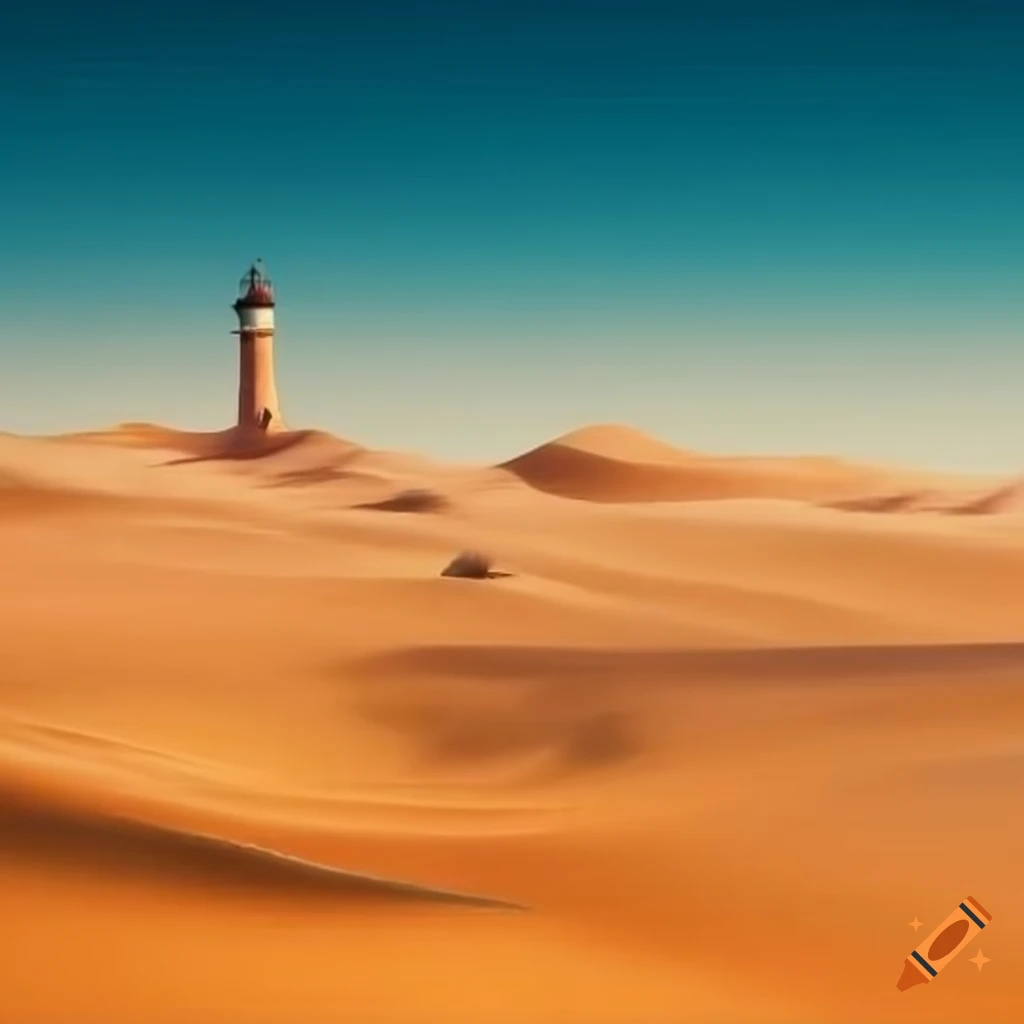 Desert landscape with a distant lighthouse on Craiyon