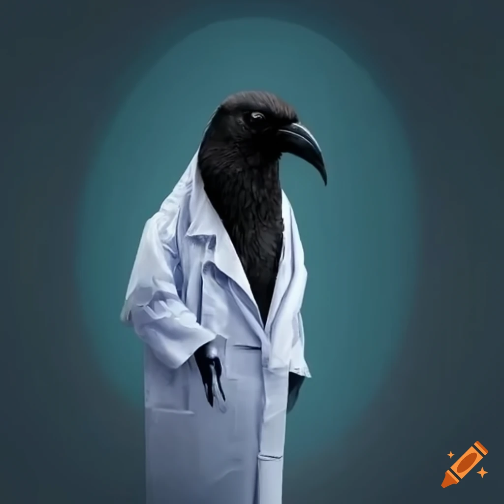 Image of a smart crow wearing a scientist lab coat on Craiyon