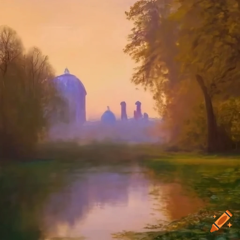 Painting of a watercourse, balcony, and mausoleum at dawn on Craiyon