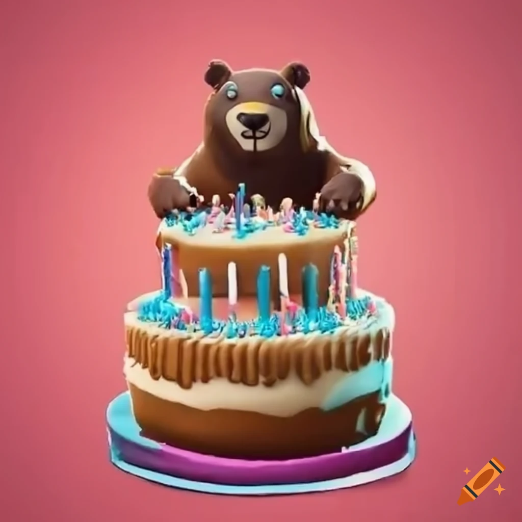 Fortnite bear delivering a birthday cake on Craiyon