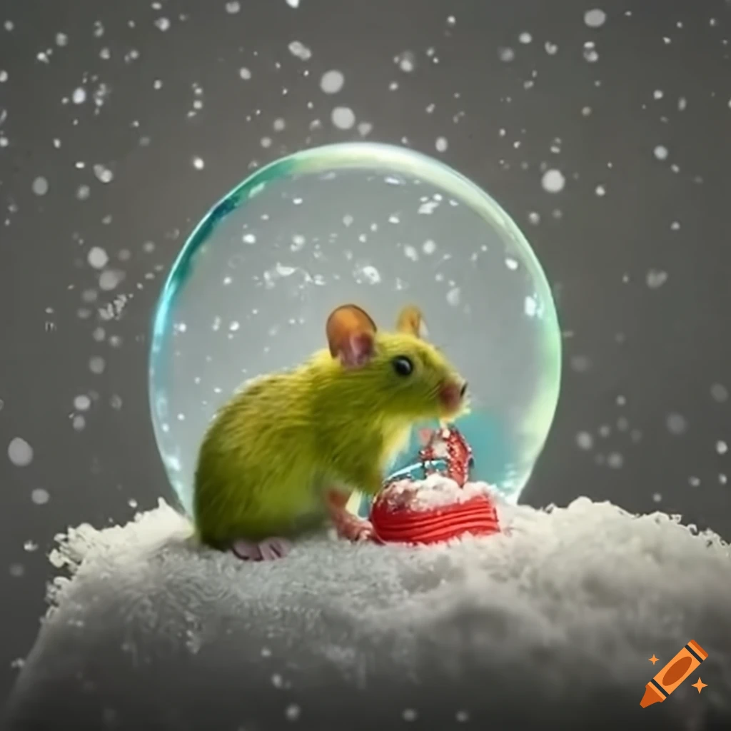 Christmas snow globe with a green mouse inside on Craiyon