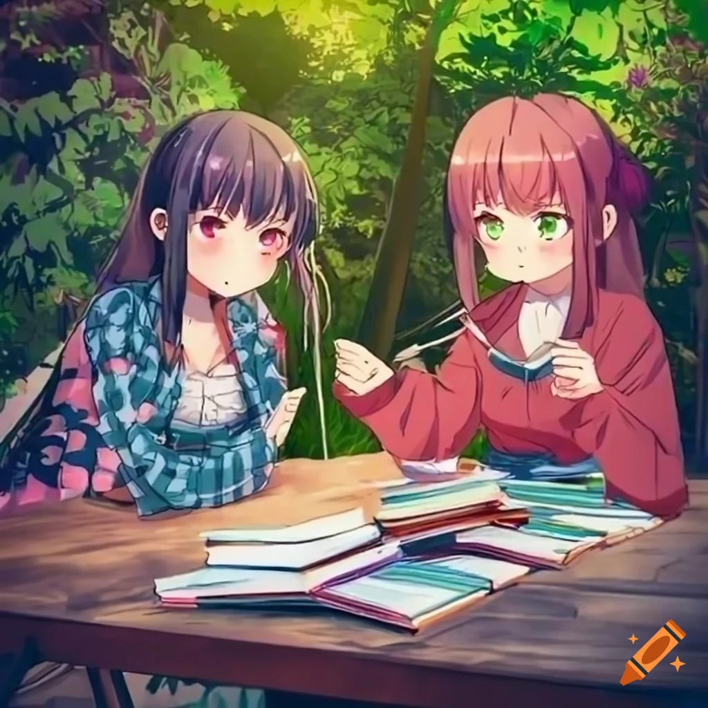 Anime girls studying at a garden table