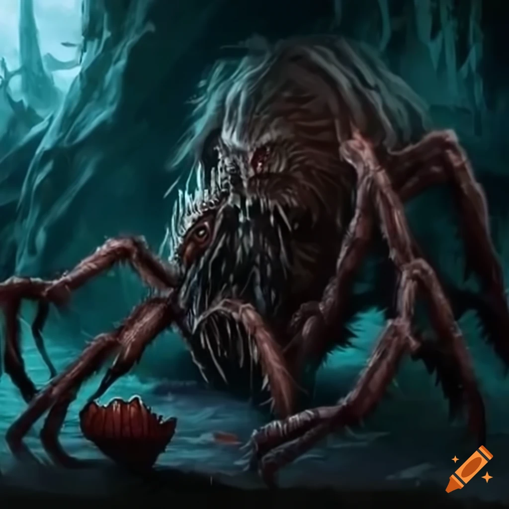 Image of a menacing fantasy spider in its lair on Craiyon