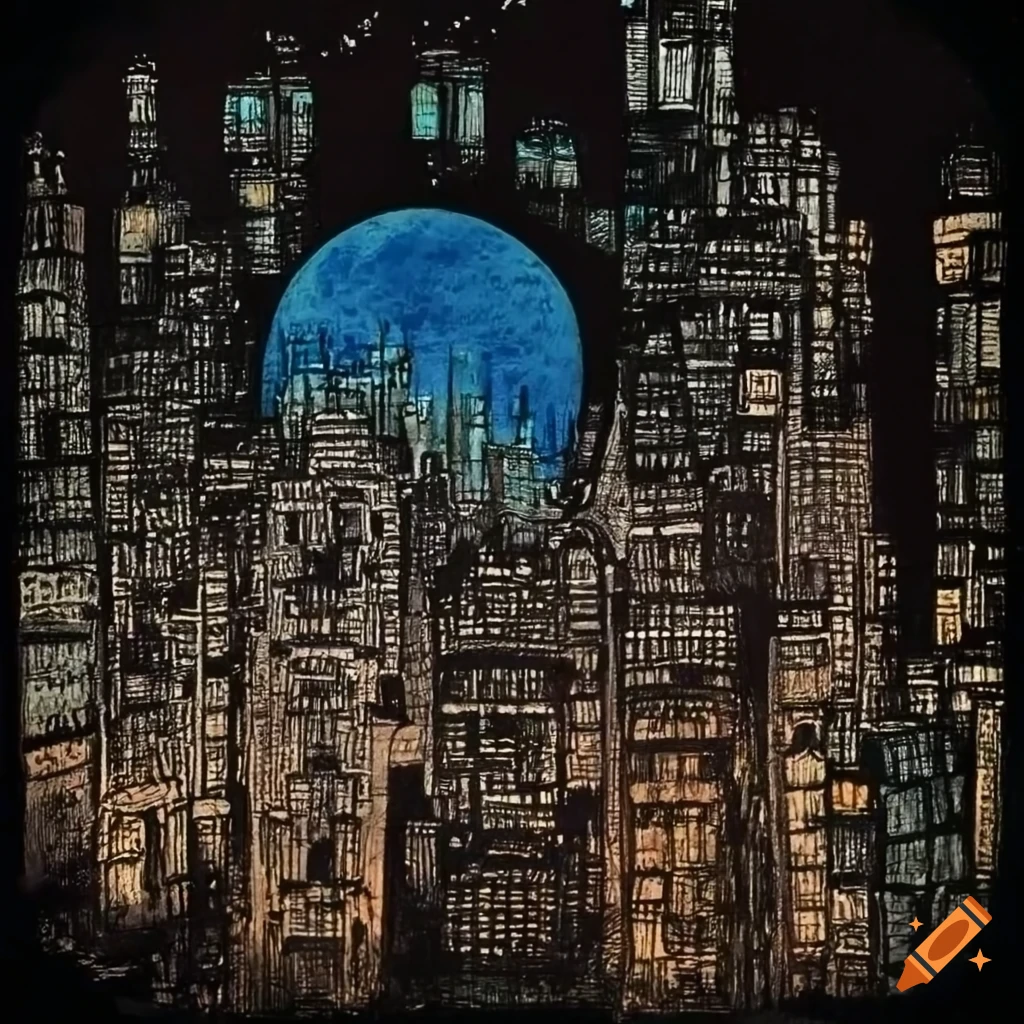 Detailed drawing of a cityscape under the moon on Craiyon