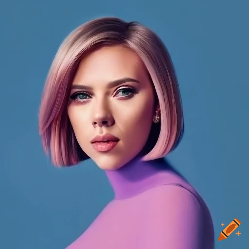 Scarlett johansson with a straight bob haircut and pink turtleneck