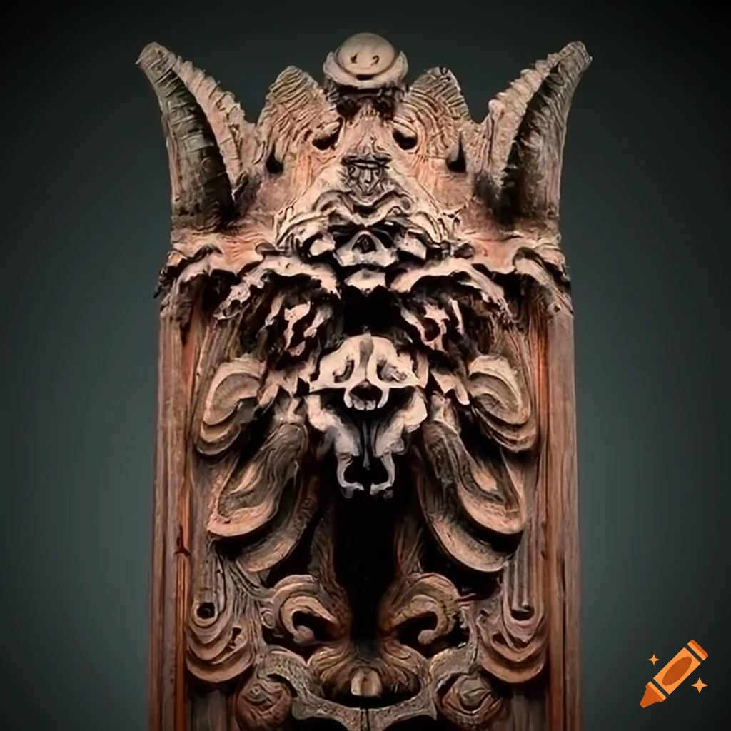 Detailed carving art of a moth werewolf motif on Craiyon