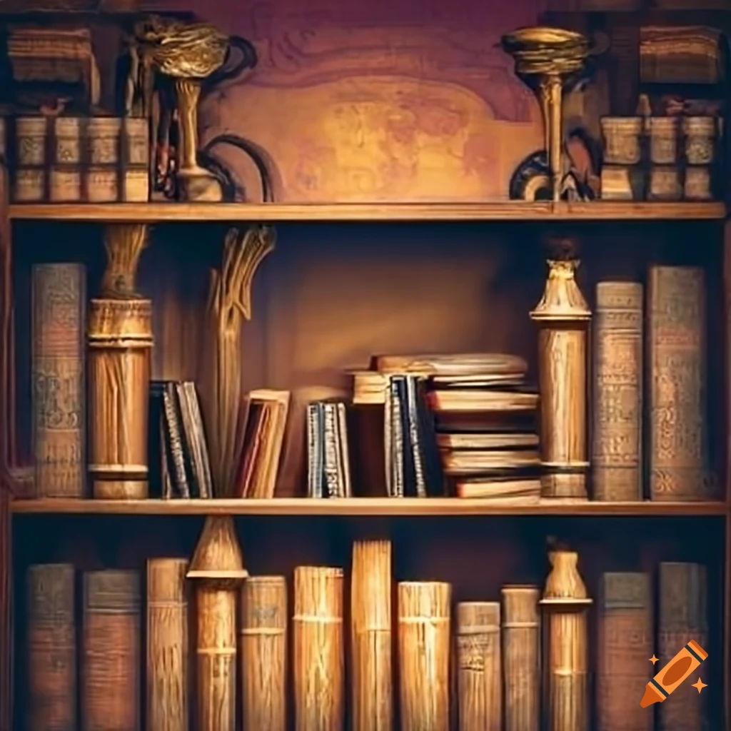 Ancient magical study with shelves of old books, scrolls, and artifacts ...