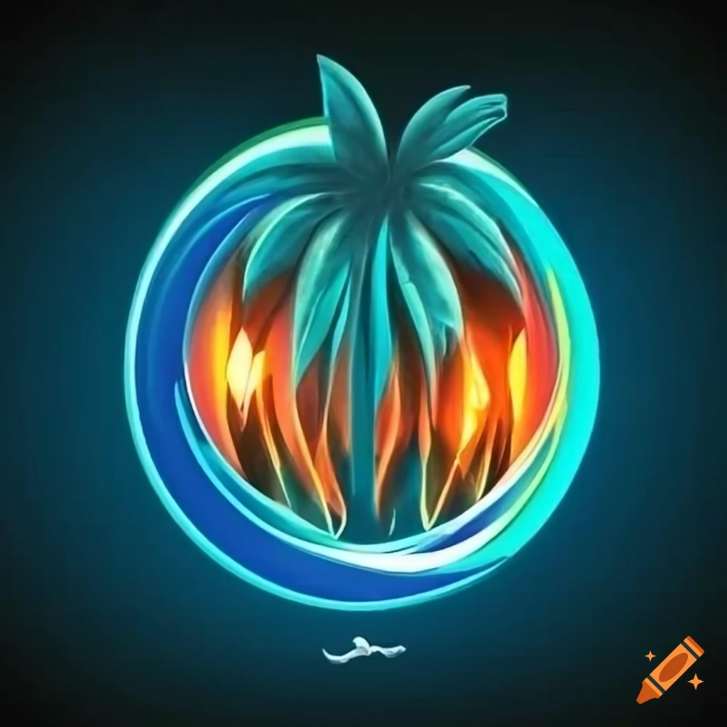 Logo of an oasis with fire and palm tree