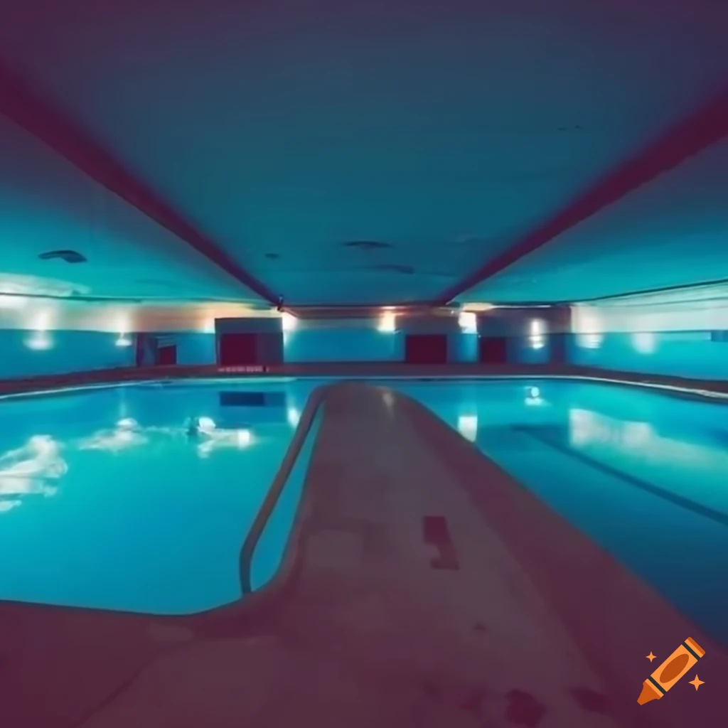 Unsettling view of an empty underground swimming pool room on Craiyon
