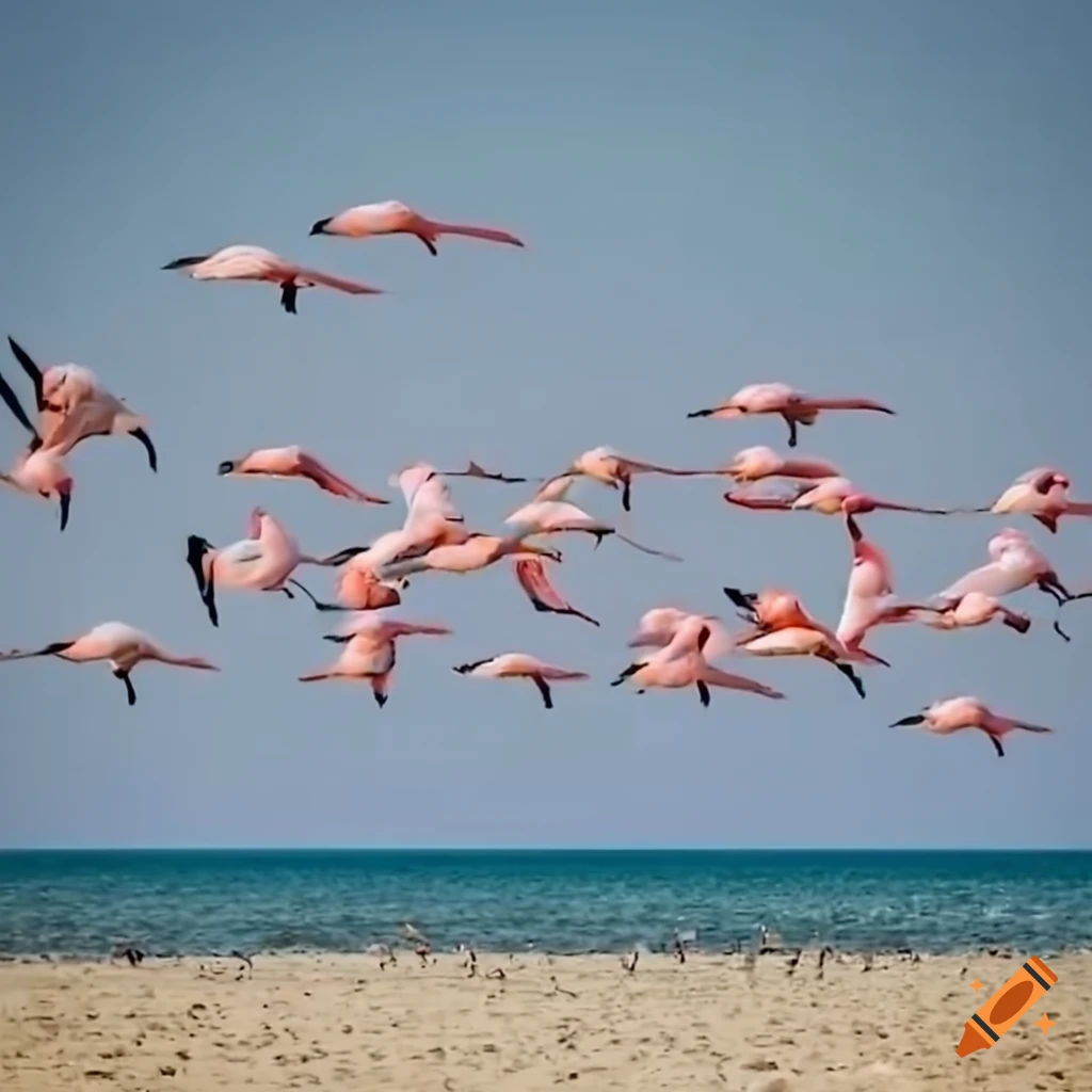 Flock of flamingos flying over the beach on Craiyon